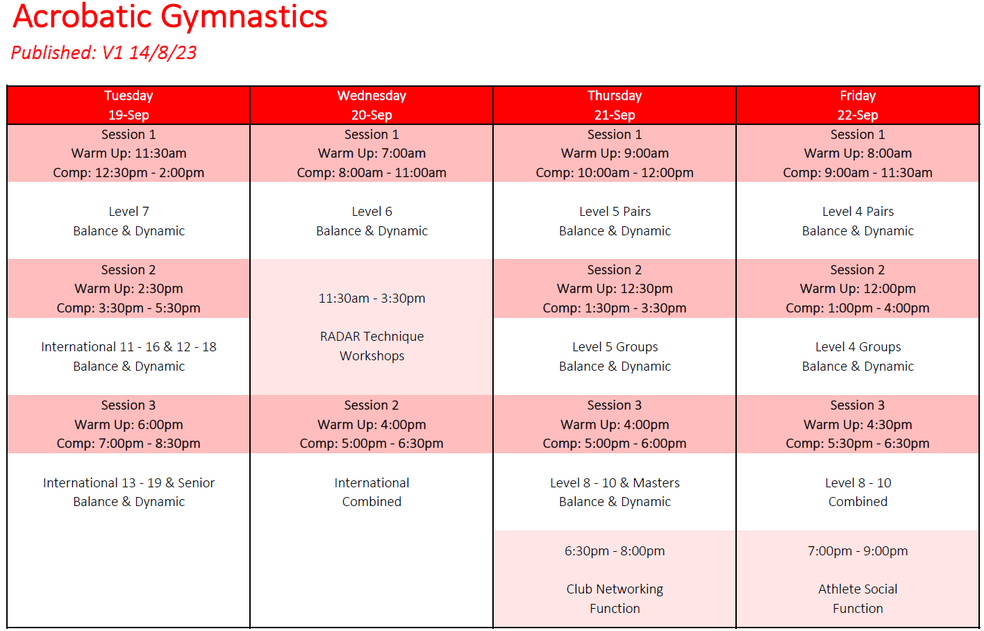 Competition Schedule | National Clubs Gymnastics Carnival