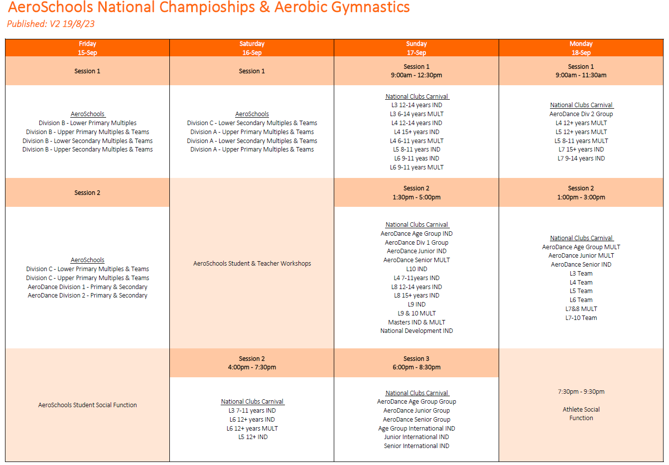 Competition Schedule | National Clubs Gymnastics Carnival