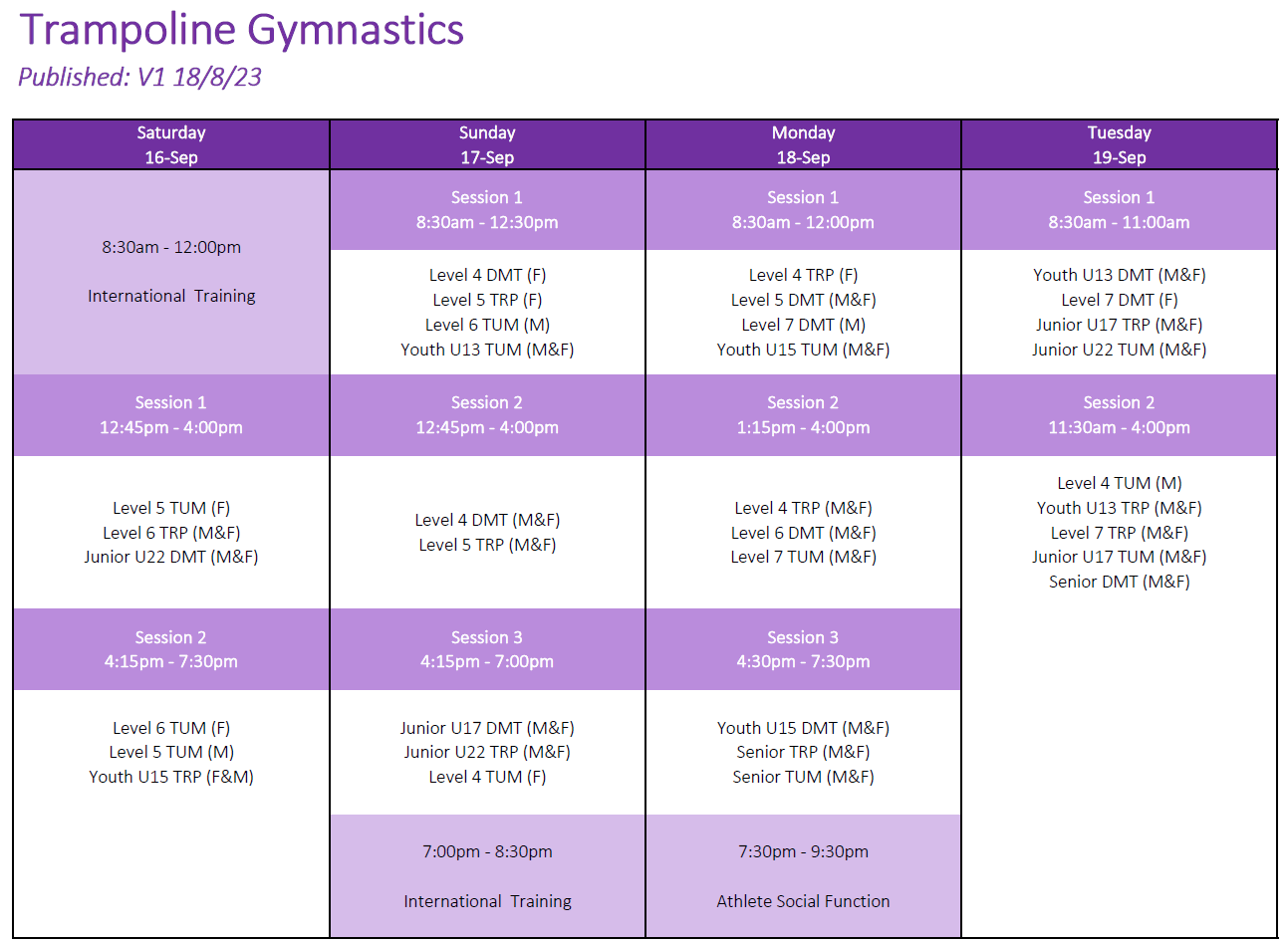 Competition Schedule | National Clubs Gymnastics Carnival